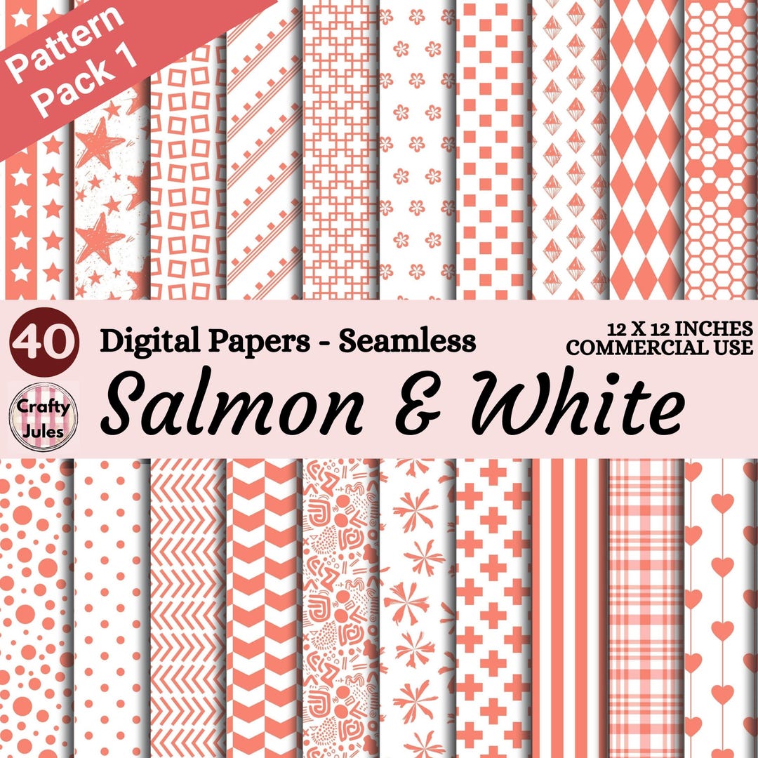 Geometric Salmon and White Seamless Patterns, Simple Scrapbook, Craft ...