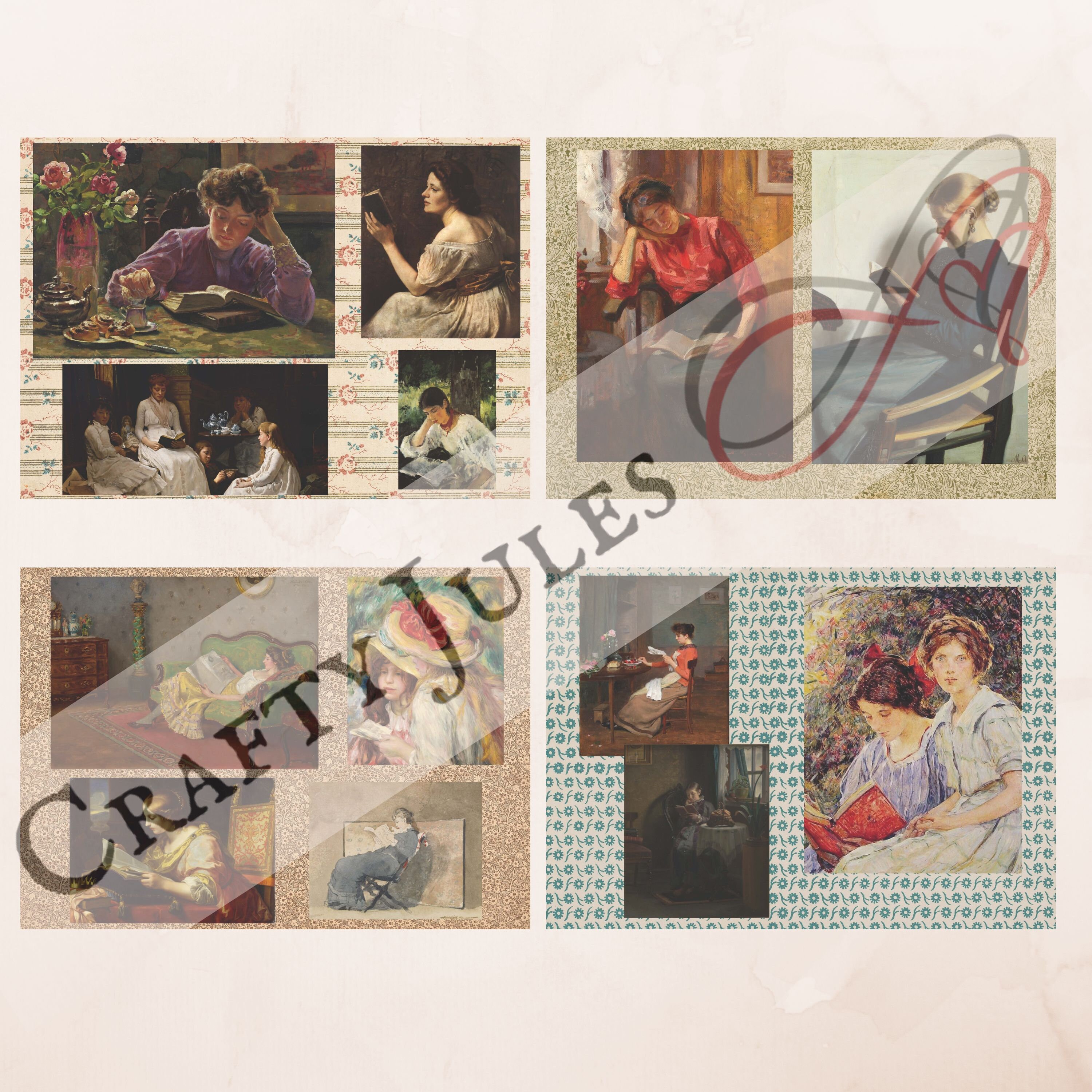 Women Reading Printable Collage Papers, 22 Digital Pages for Junk ...