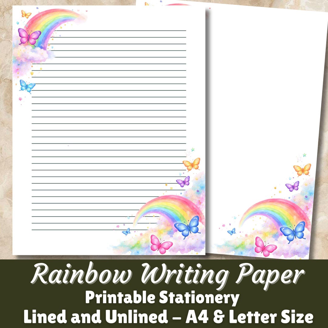 Rainbow and Butterfly Printable Stationery, Lined, Unlined Writing ...