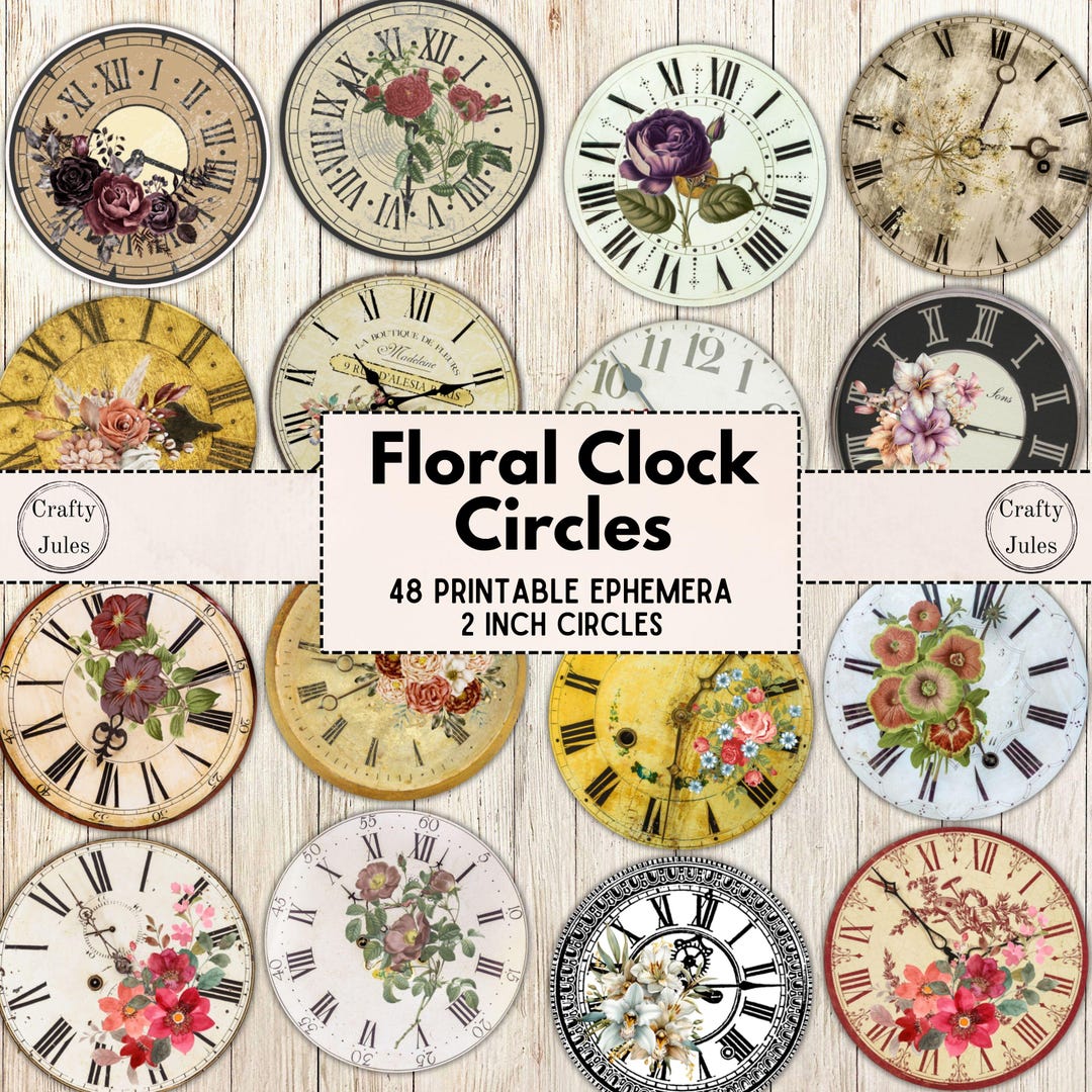 Floral Clock Printable Circles – 48 Printable 2 Inch Circles, Ephemera ...