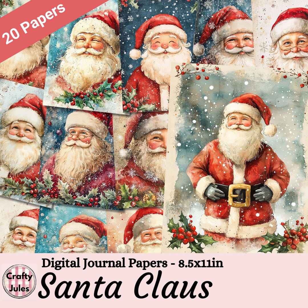 Santa Claus Digital Journal Papers, Christmas Holiday Scrapbook & Craft ...