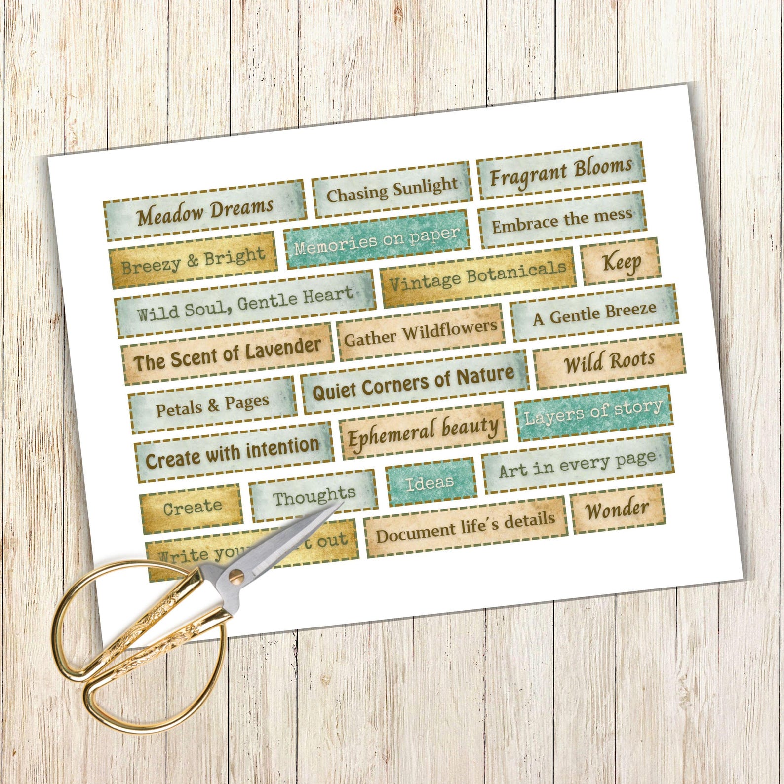 Botanical and Journal Words, 110 Printable Strips, Scrapbook Ephemera ...