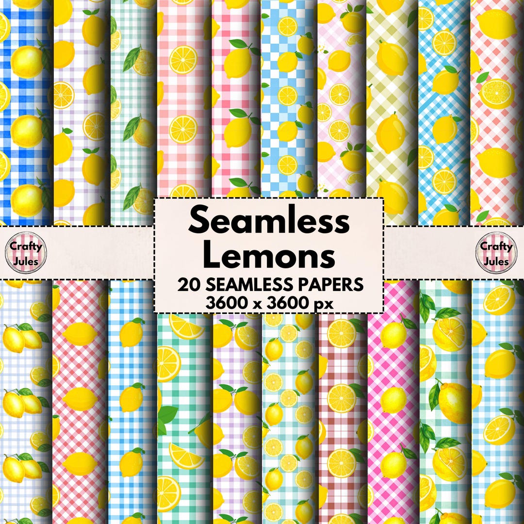 Lemons Seamless Digital Patterns, 20 Printable Tiled Papers, Gingham ...
