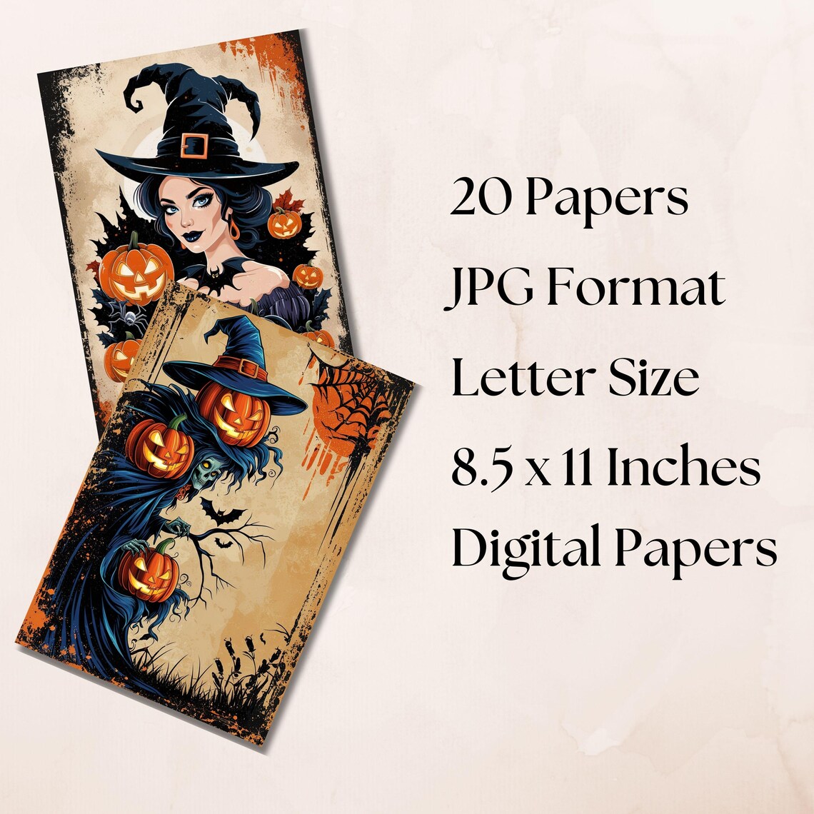 Retro Halloween Printable Papers Pumpkins, Witches, Skulls, Seasonal ...