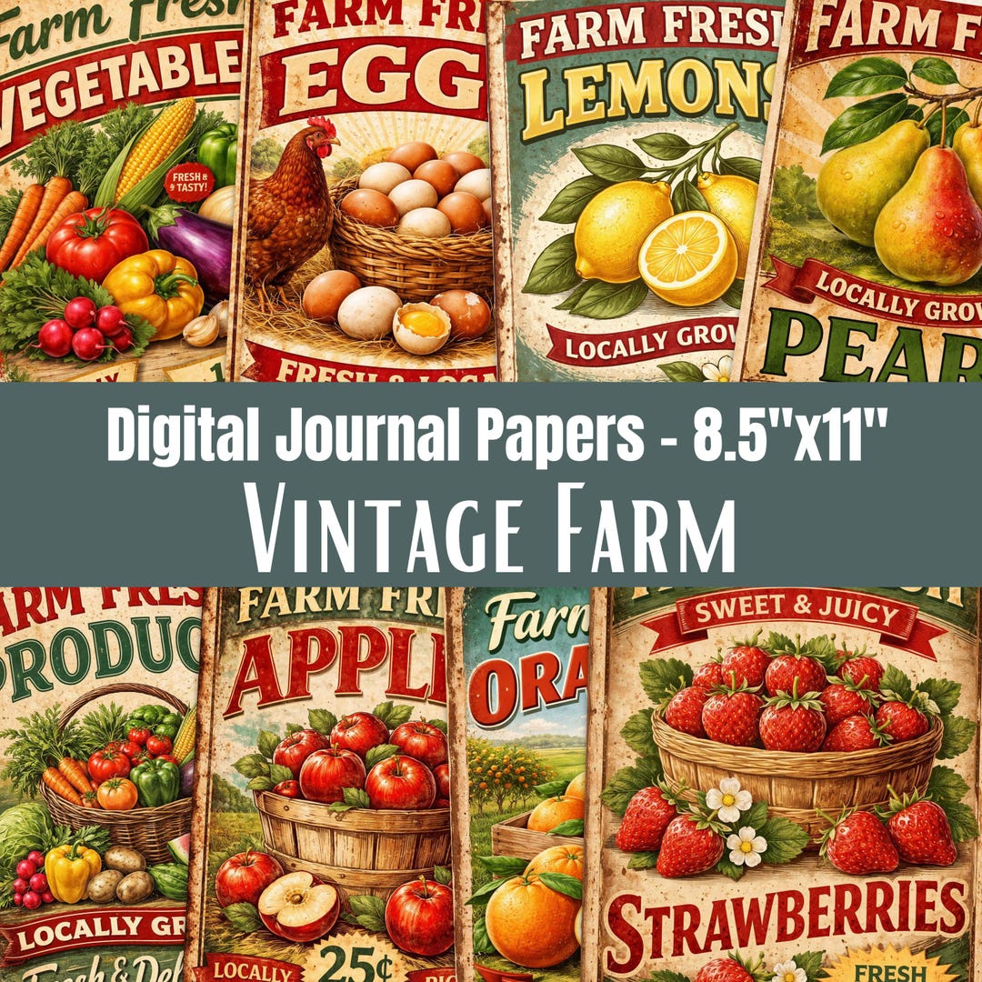 Vintage Farm Fresh Junk Journal Pages, Rustic Grocery Fruit Vegetable ...