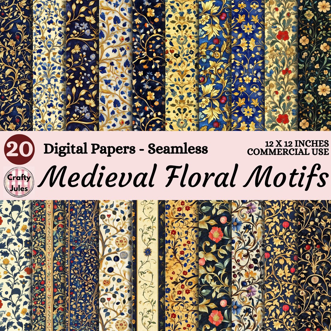 Medieval Floral Motif Seamless Digital Patterns, Middle Age Theme ...