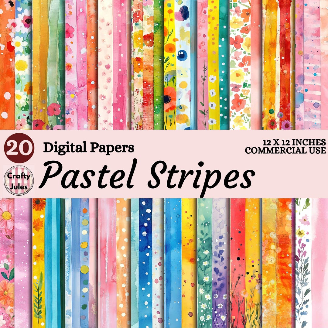 Pastel Stripes and Flowers Digital Papers, Printable Collage Strips ...