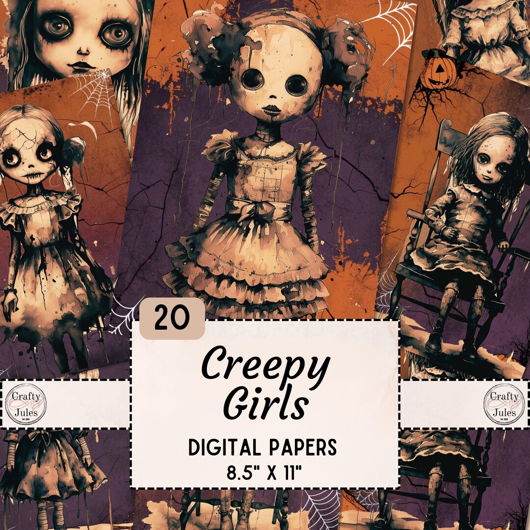 Creepy Girls Halloween Digital Papers, 20 Printable Pages With Grungy ...