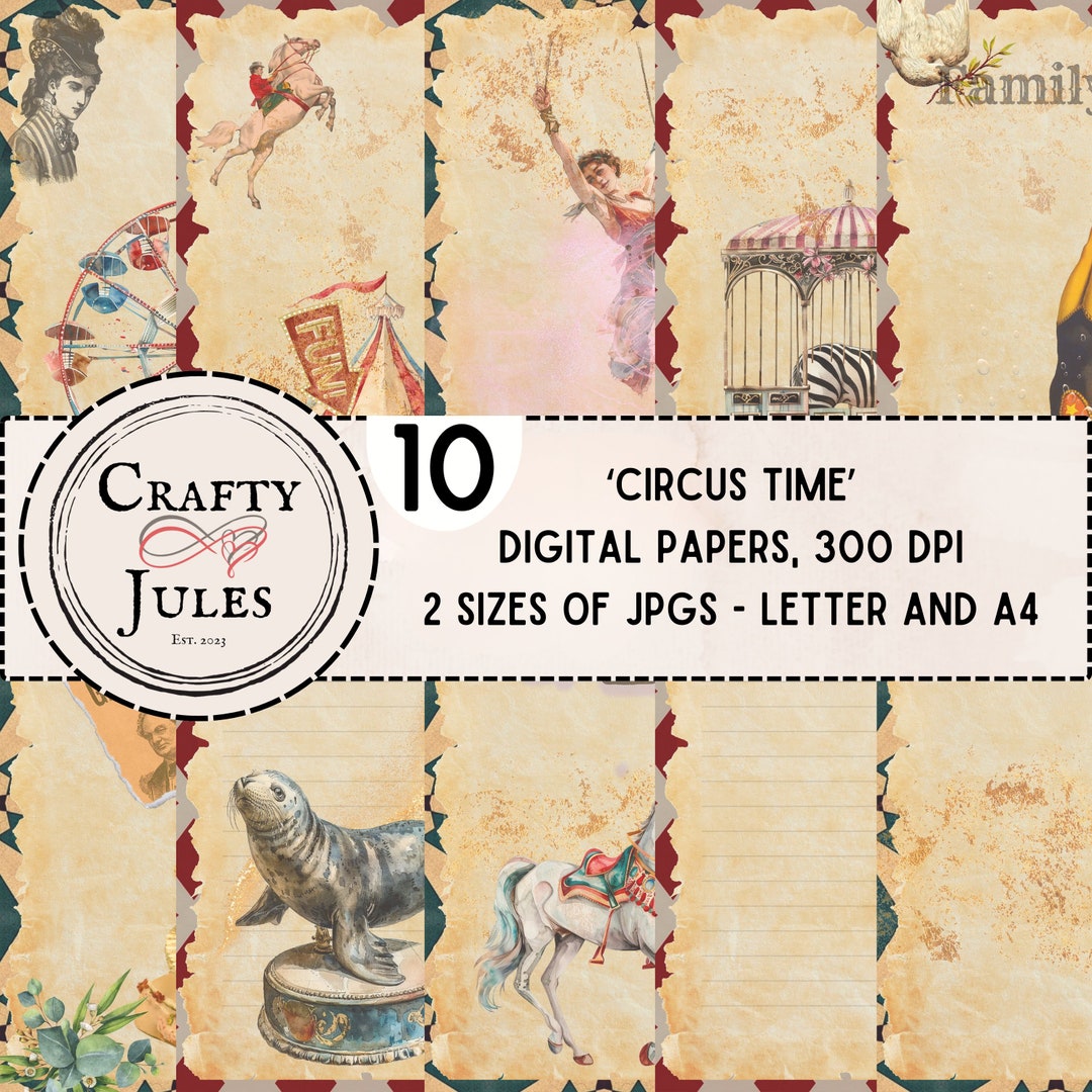 10 Digital Papers, Circus Time Printable Papers for Junk Journals and ...