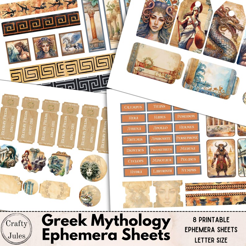 Greek Mythology Digital Ephemera Sheets – 8 Printable Pages, Journal ...