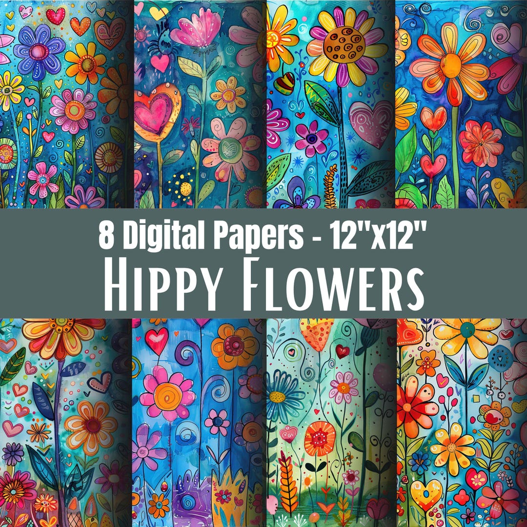 Whimsical Hippie Floral Digital Paper, Folk Art Flower Background - Etsy