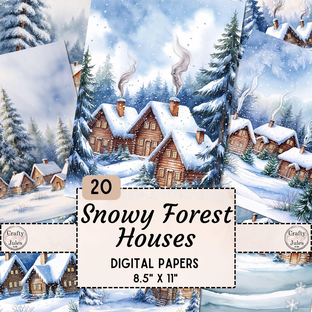 Snowy Forest Houses Digital Paper Pack 20 Printable Winter Themed ...