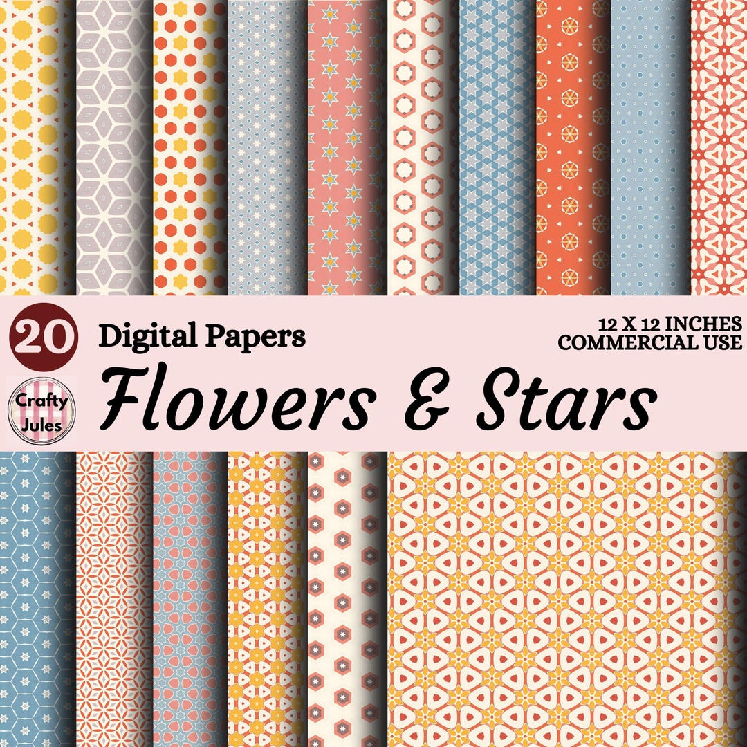 Flowers and Stars Digital Papers, Red, Yellow, Blue Patterned Scrapbook ...