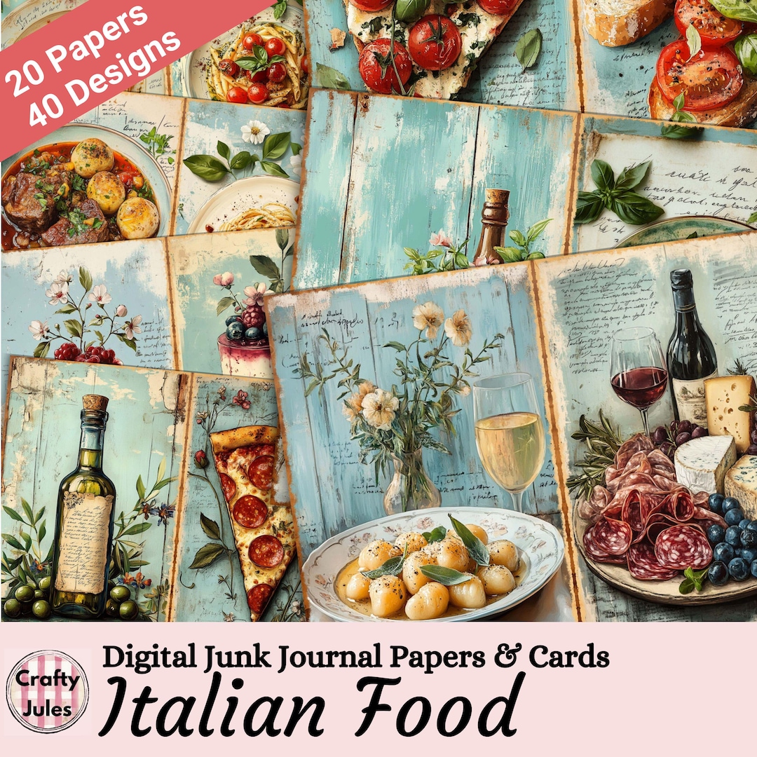 Italian Food Junk Journal Papers & Cards, Rustic Kitchen Recipe ...