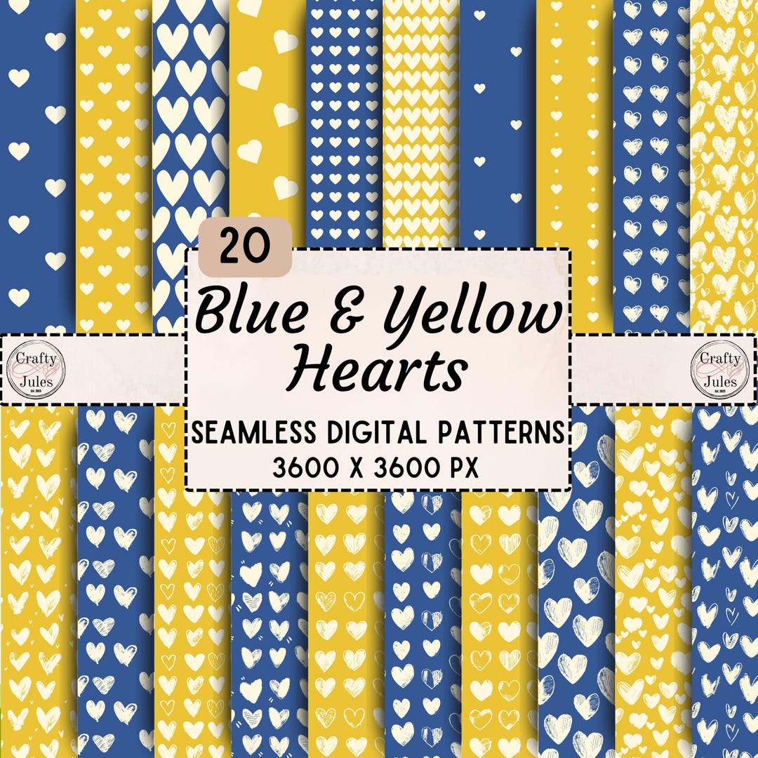 Blue and Yellow Hearts Digital Seamless Patterns, Printable Coloured ...