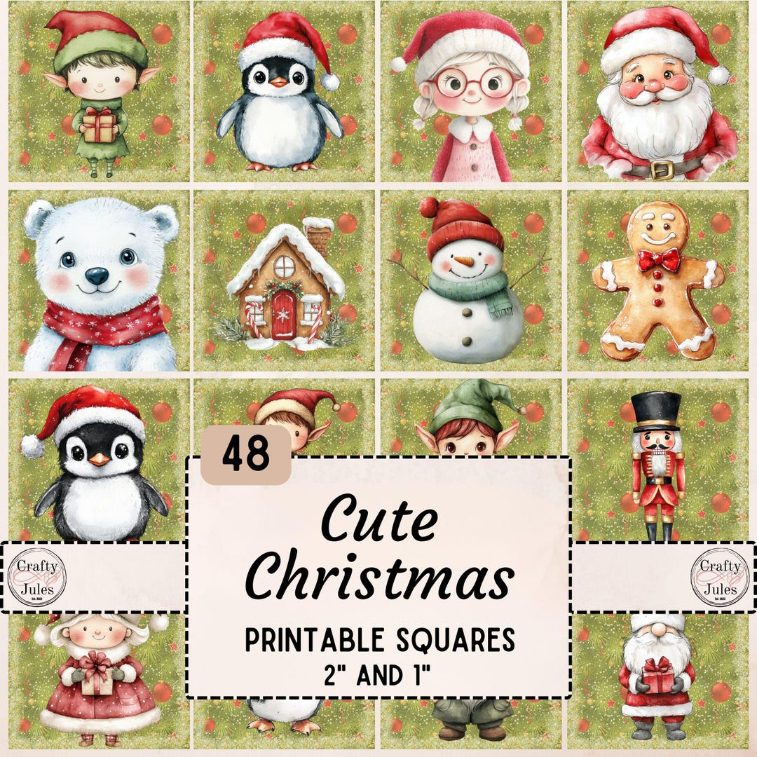 Cute Christmas Squares, 48 Printable Festive Ephemera in 2 Sizes, for ...