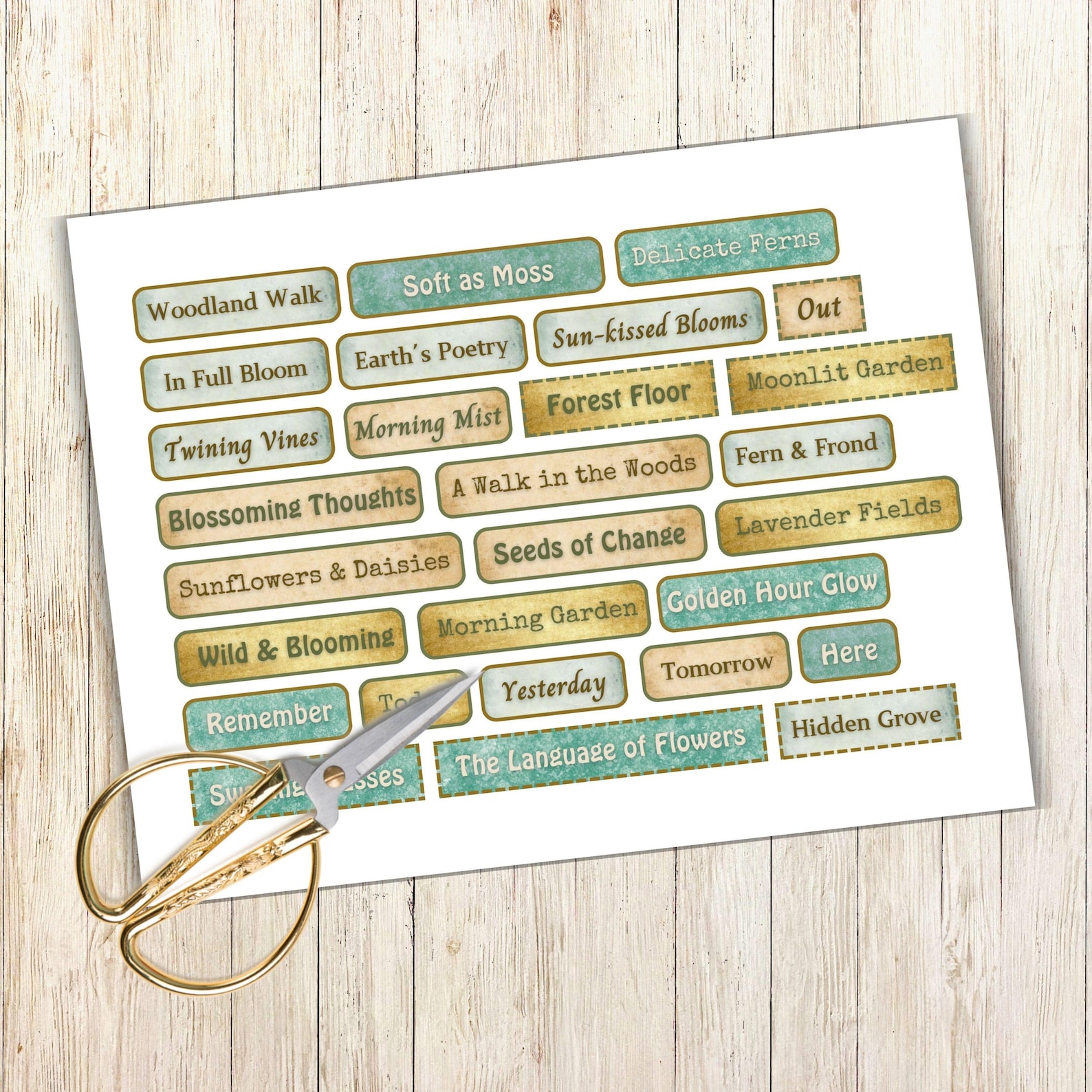 Botanical and Journal Words, 110 Printable Strips, Scrapbook Ephemera ...