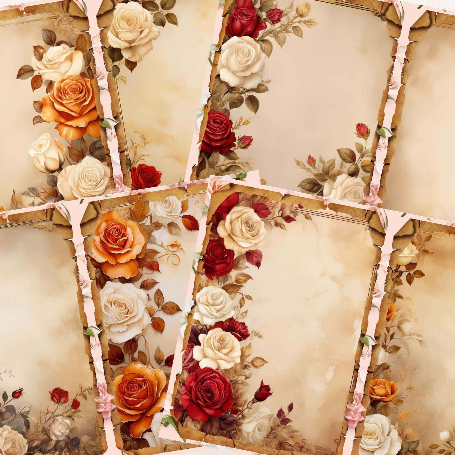 Red and Orange Roses, Printable Junk Journal Papers, 16 Double Pages ...