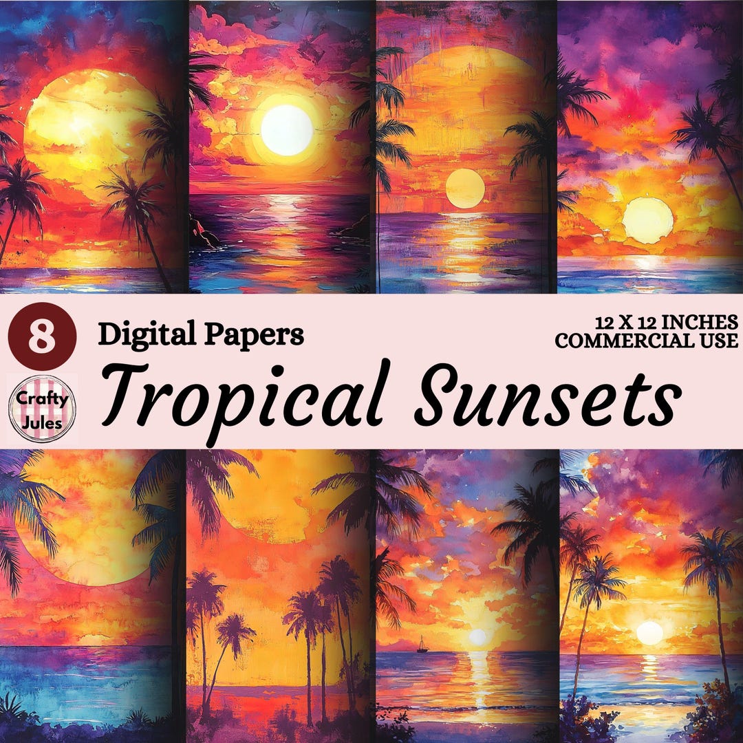 Tropical Sunset Digital Papers, Palm Trees, Ocean, Travel Scrapbook ...
