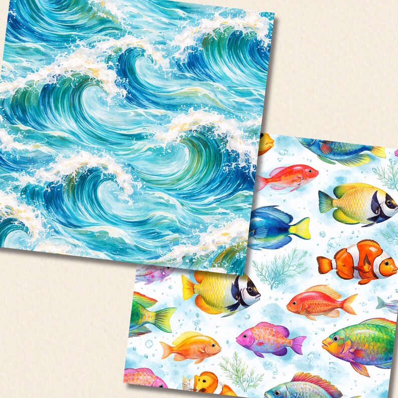 Ocean Digital Paper Pack, Sea Shells Fish Waves Scrapbook Sheets ...