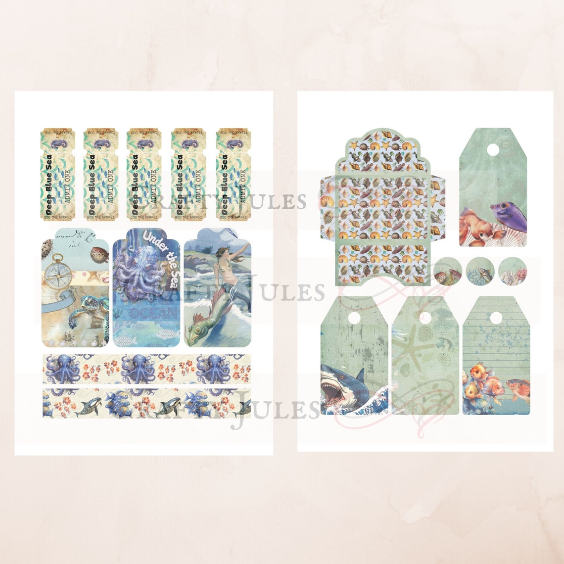 Printable Ocean Themed Ephemera Papers, 14 Sheets in 2 Sizes, Digital ...
