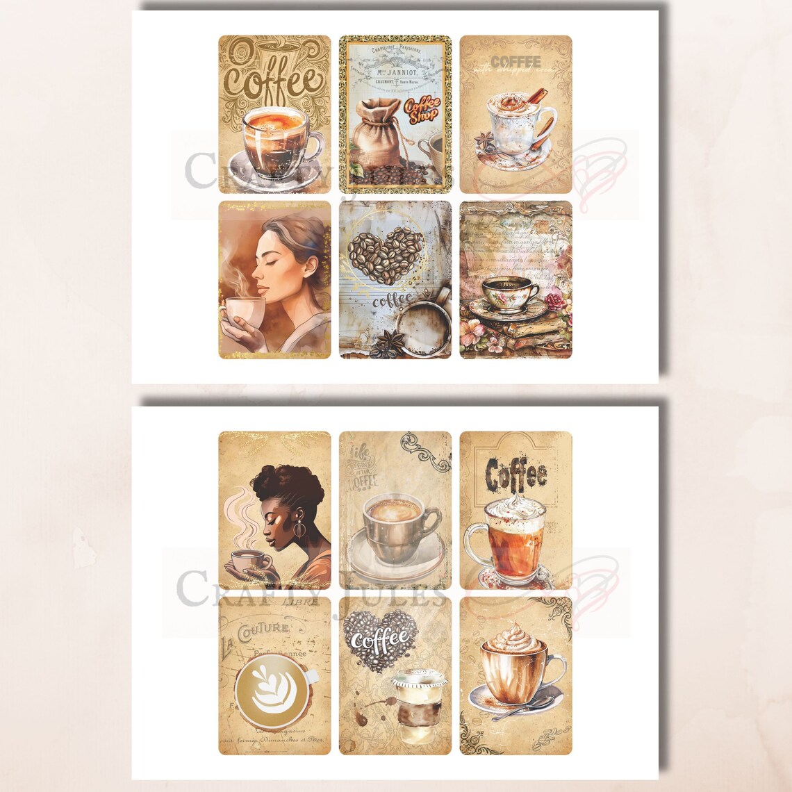 Printable Coffee Themed Atc's and Postcards, 15 Digital Cards, Ephemera ...