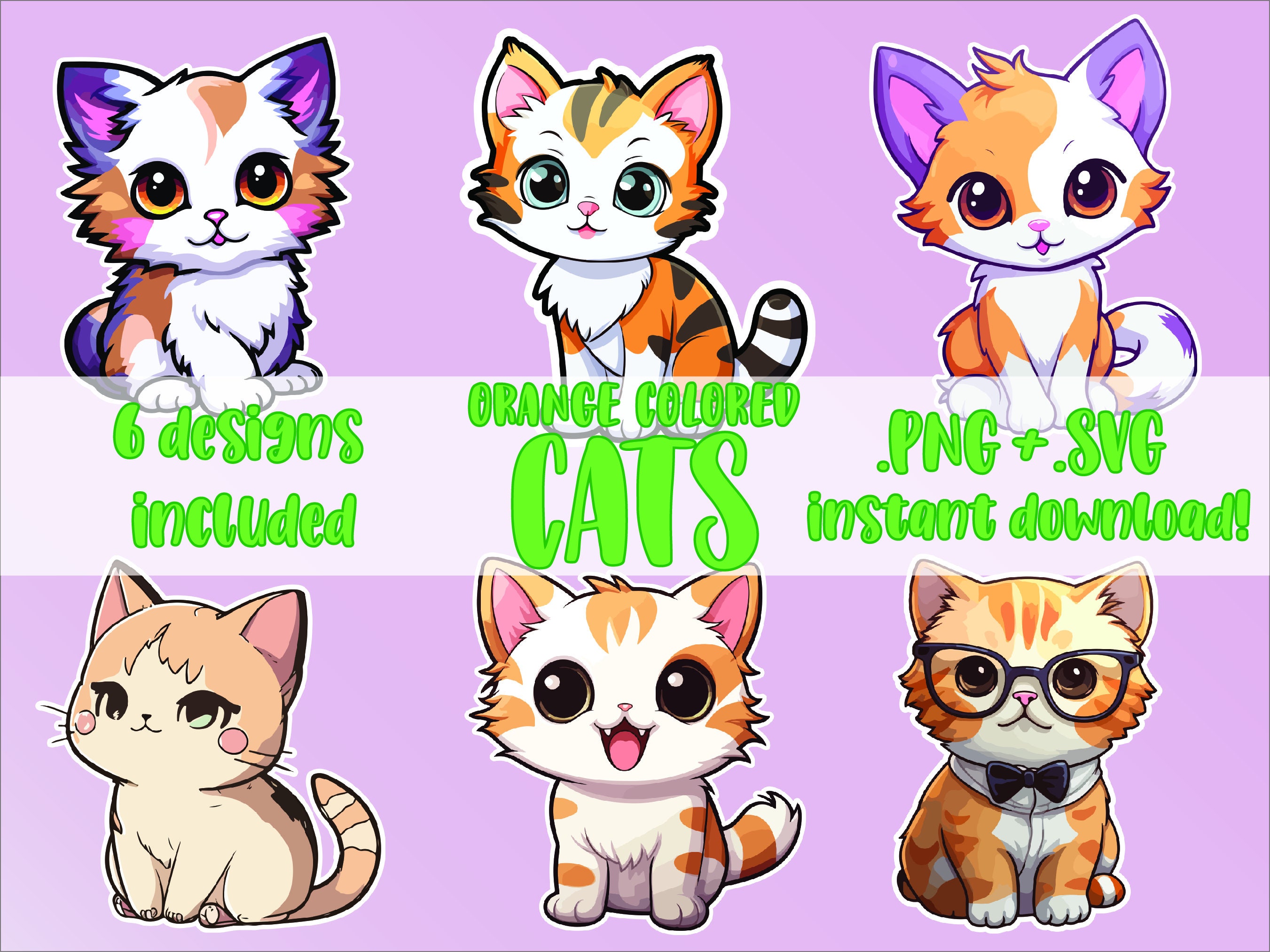 Cute Cat Clipart, Set of 6 PNG / SVG, Kawaii Cuteness Stickers, Clipart ...