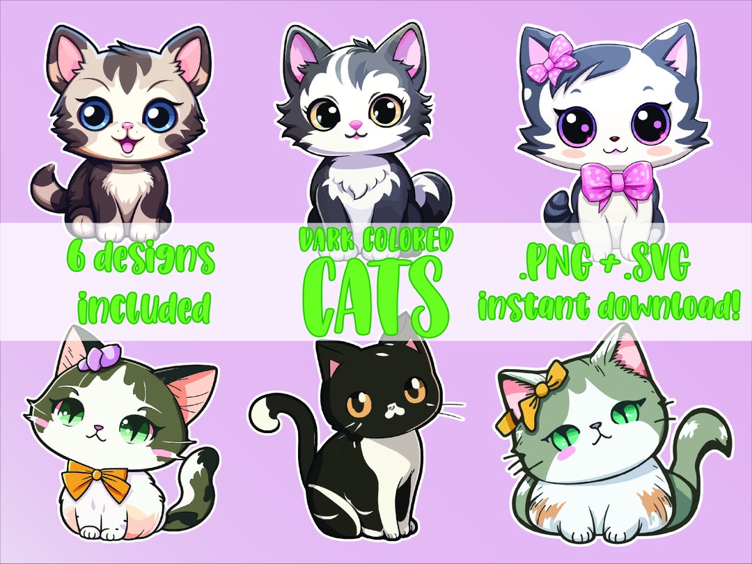 Cute Cat Clipart, Set of 6 PNG / SVG, Kawaii Cuteness Stickers, Clipart ...