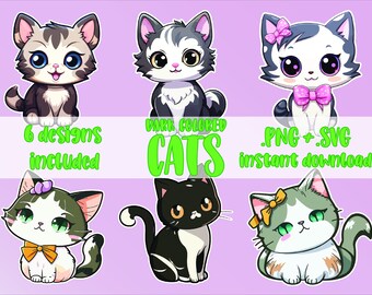 Cute Cat Clipart, Set of 6 PNG / SVG, Kawaii Cuteness Stickers, Clipart ...