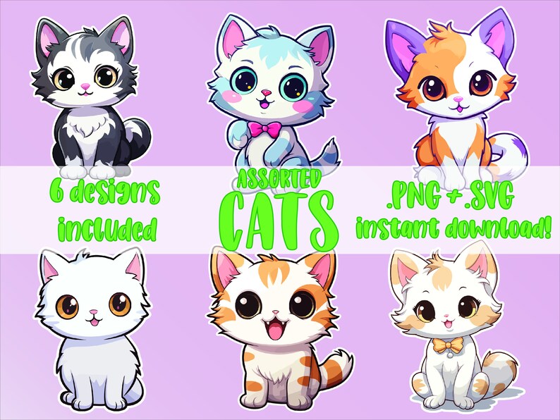 Cute Cat Clipart, Set of 6 PNG / SVG, Kawaii Cuteness Stickers, Clipart ...