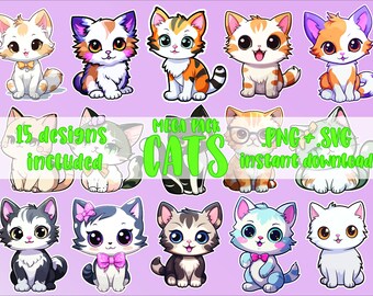 Cute Cat Clipart, Set of 6 PNG / SVG, Kawaii Cuteness Stickers, Clipart ...