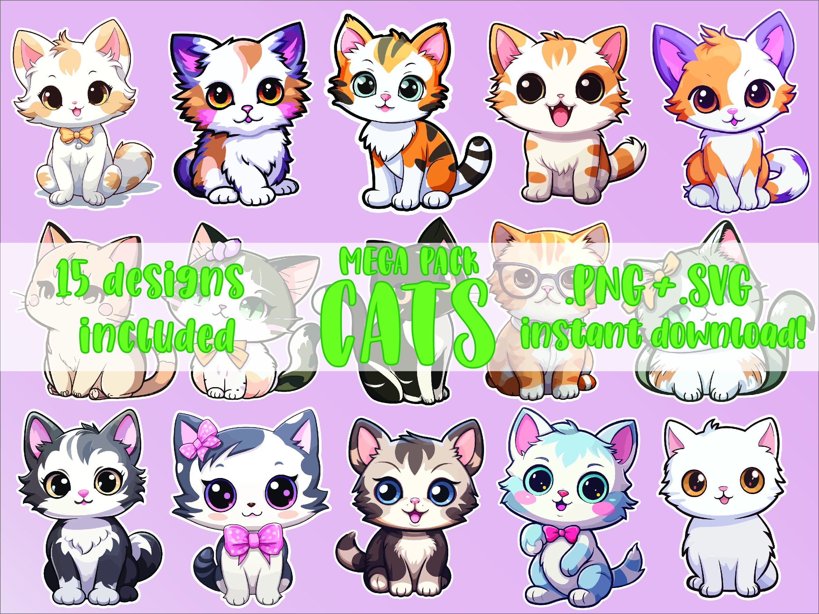 Cute Cat Clipart, Set of 6 PNG / SVG, Kawaii Cuteness Stickers, Clipart ...