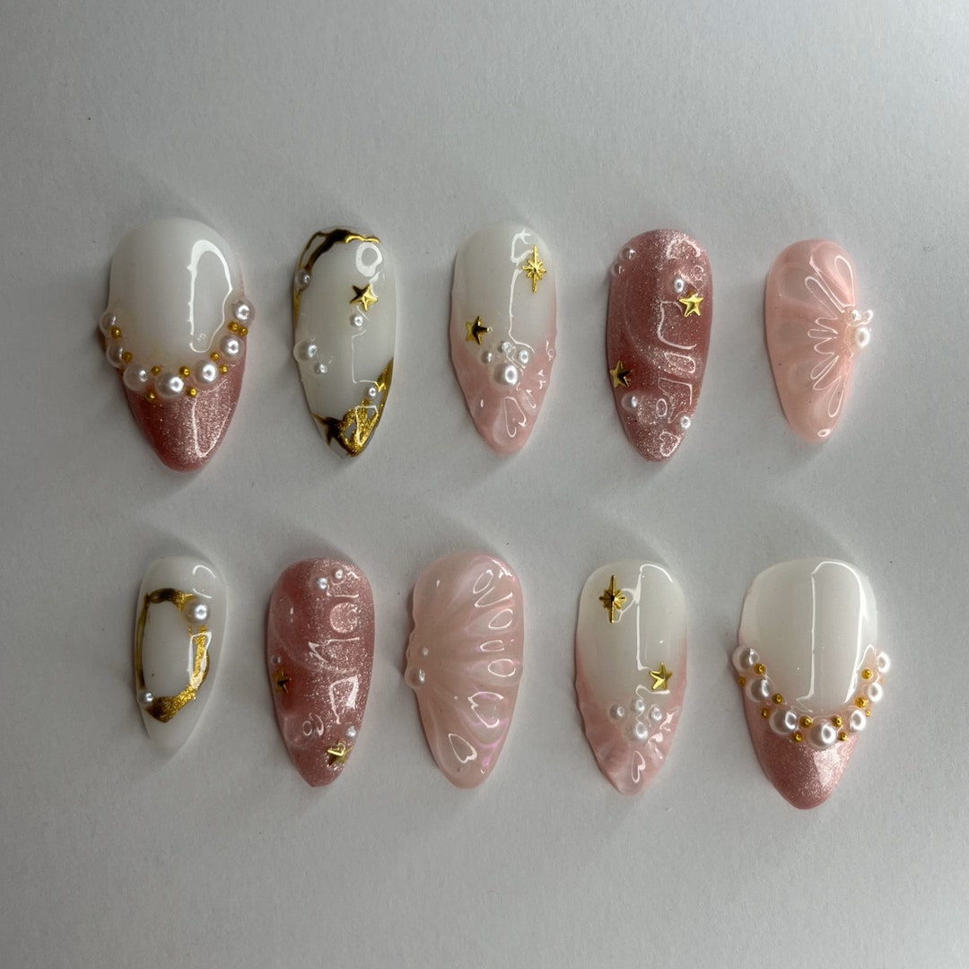 Pink Seashell Press on Nails: Summer Beach Vacation Nails - Etsy