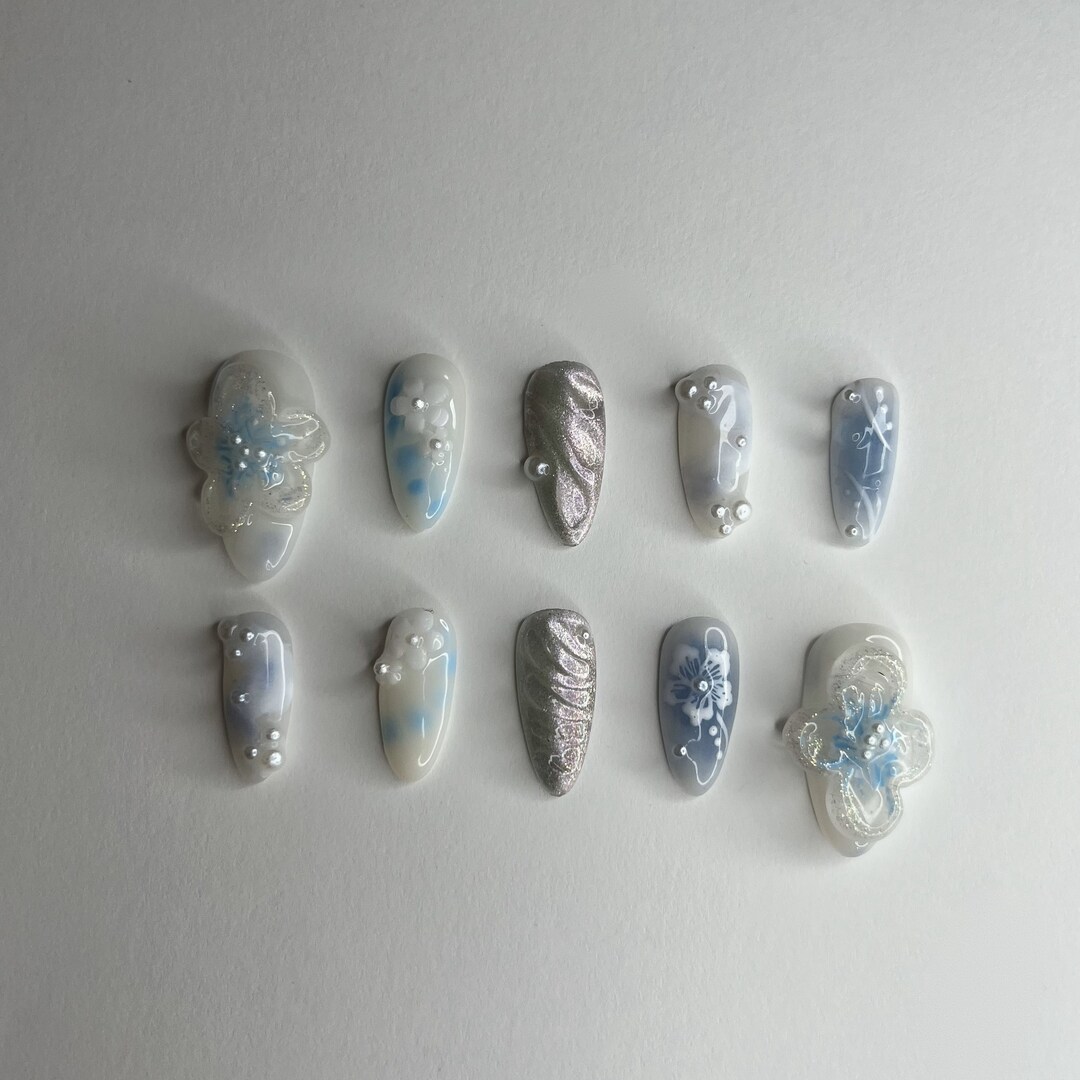 Spring Press on Nails / 3D Floral Nails / 3D Flower Nails / Blue Nails ...