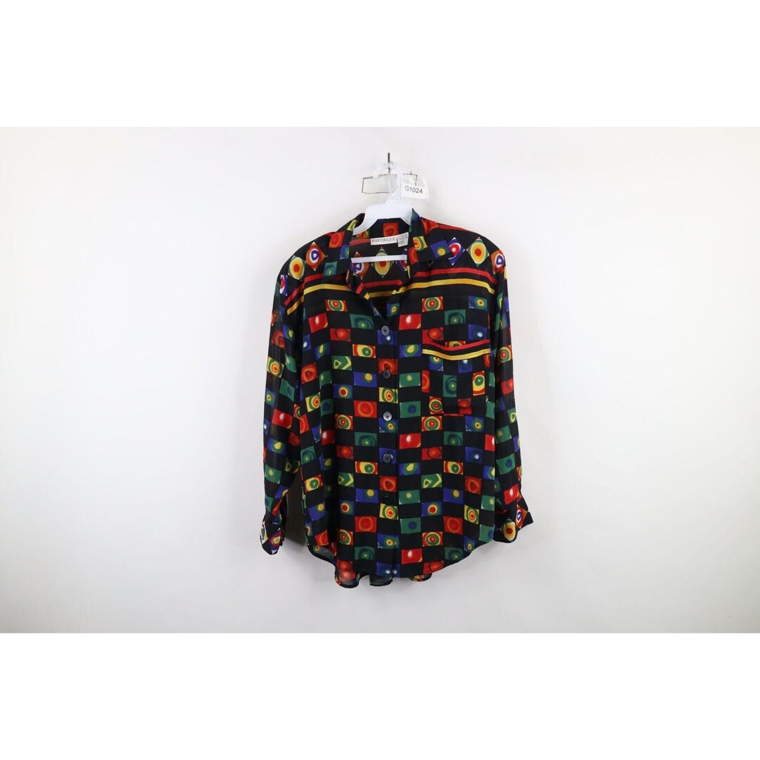 90s Streetwear Womens 8 Sheer Rainbow Abstract Collared Button Shirt ...