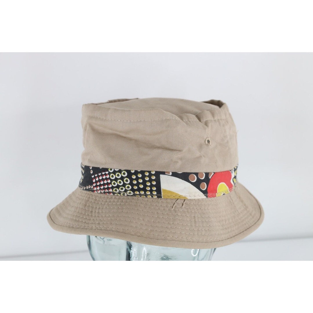 70s Streetwear Geometric Band Roll Top Bucket Hat Cap Beige Mens Medium ...