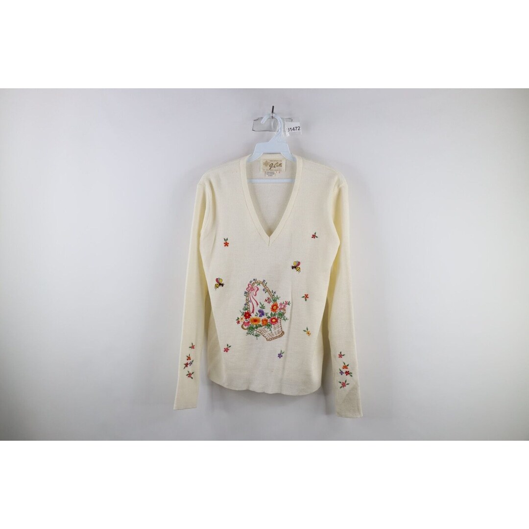 70s Country Primitive Women Large Flower Bee Knit V-neck Sweater Cream ...