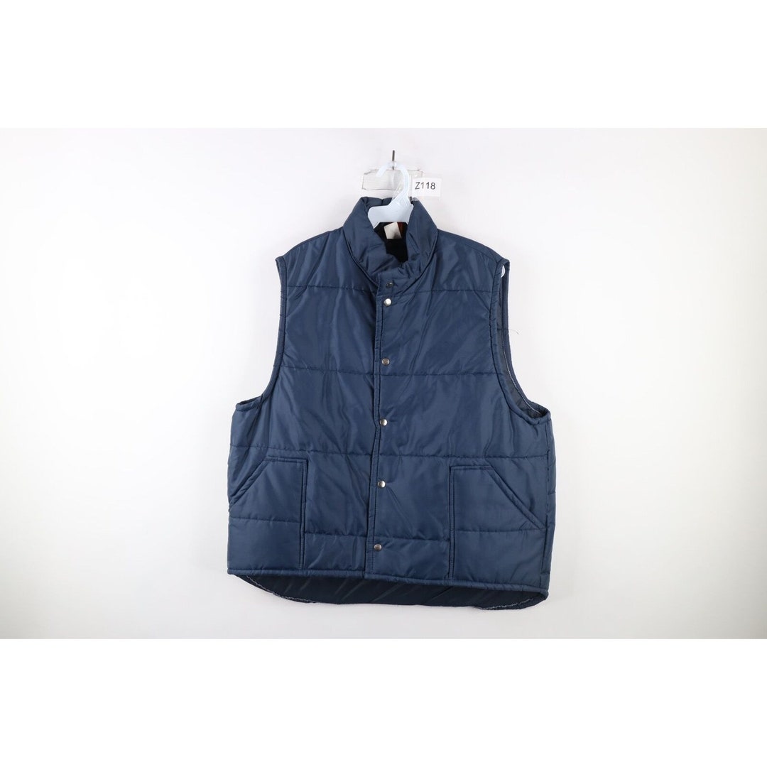 70s Streetwear Mens XL Blank Work Mechanic Button Puffer Vest Jacket ...