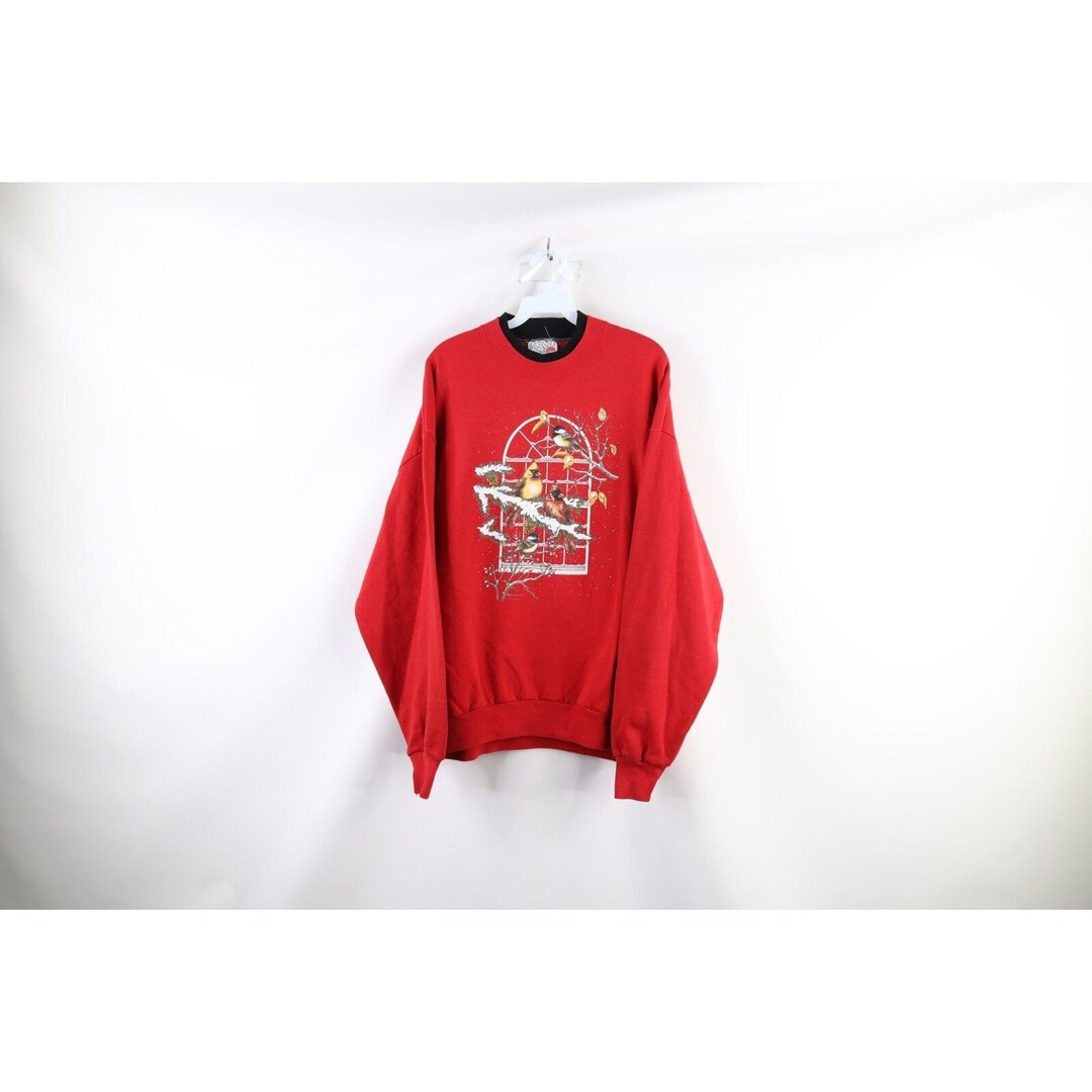 90s Streetwear Womens XL Faded Christmas Snow Birds Sweatshirt Red USA ...