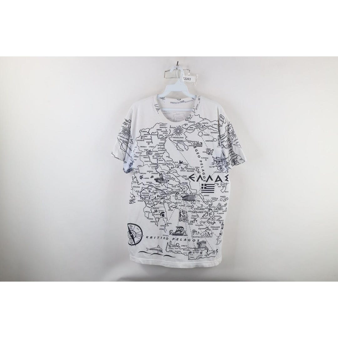 90s Streetwear Mens Large Greece Map All Over Print Short Sleeve T ...