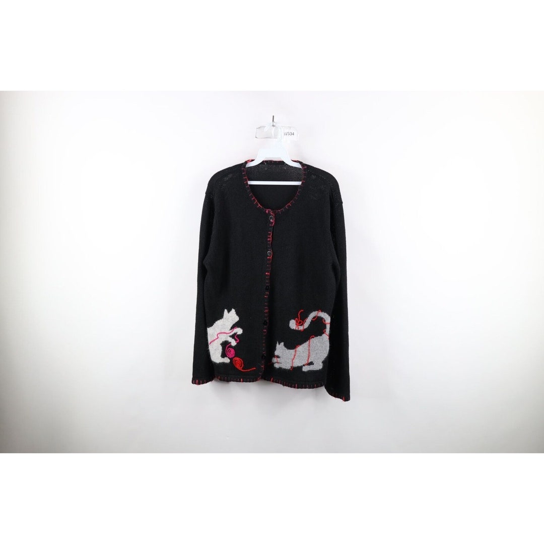 90s Womens XL Wool Blend Knit Cat Kitten Button Cardigan Sweater Black ...