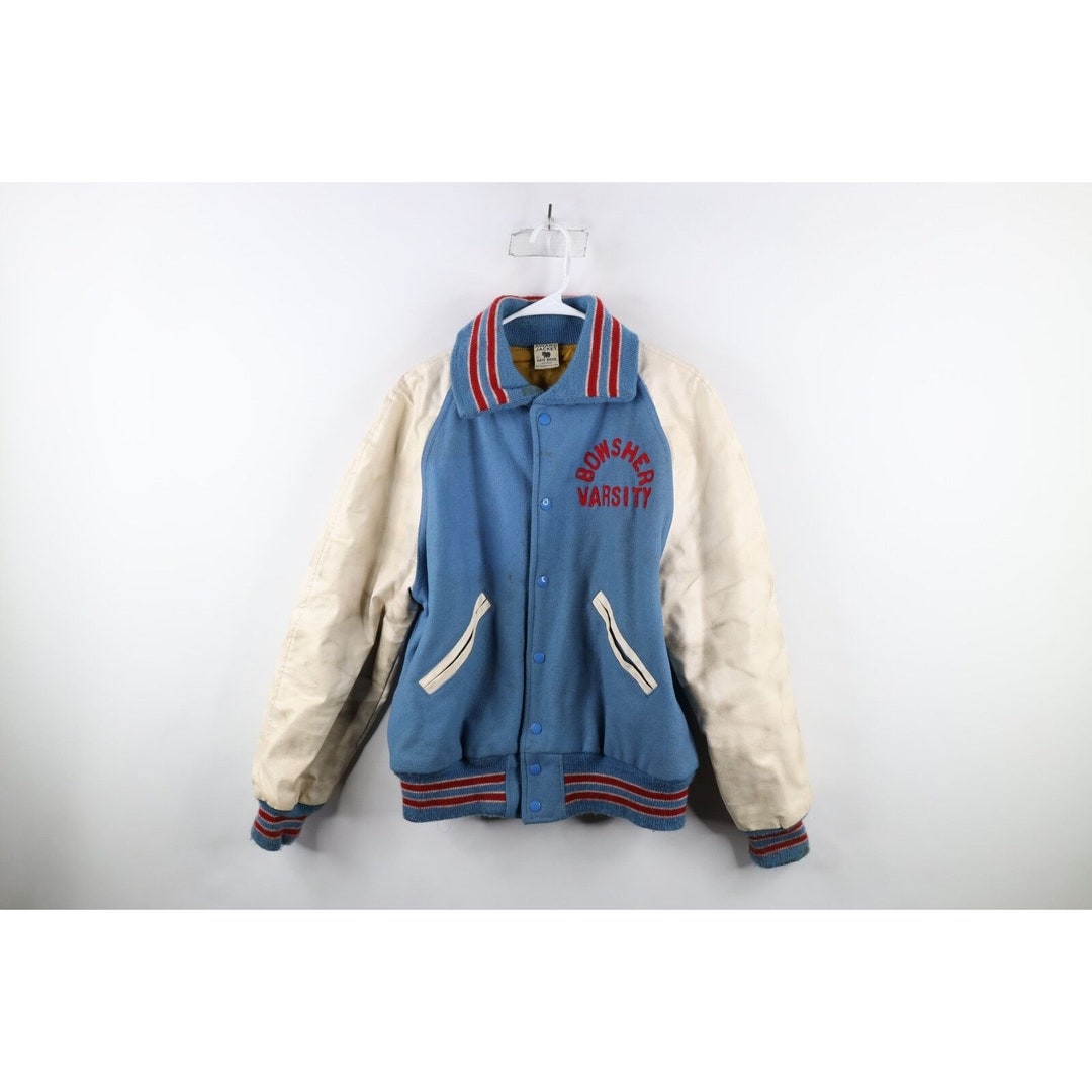 60s Mens Large Thrashed Chain Stitched Wool Leather Varsity Jacket Blue ...