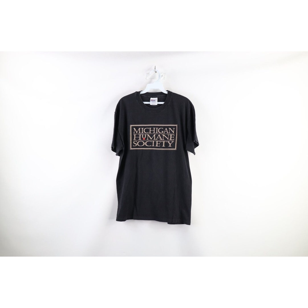 90s Mens Large Faded Spell Out Michigan Humane Society T-shirt Black ...