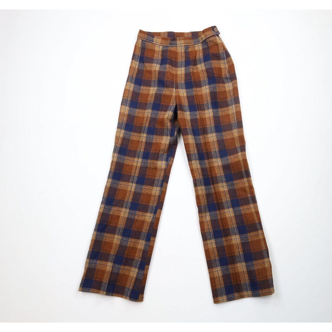 60s 70s Streetwear Womens 26 Wool Wide Leg Bell Bottoms Pants Plaid USA ...