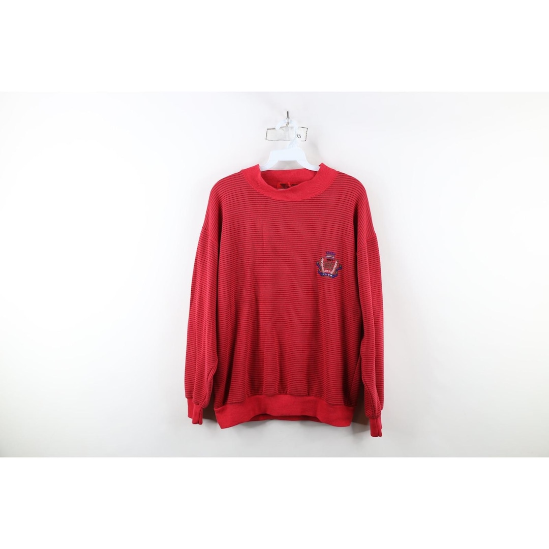 90s IOU Mens Small Faded Striped Spell Out Mock Neck Sweatshirt Red ...