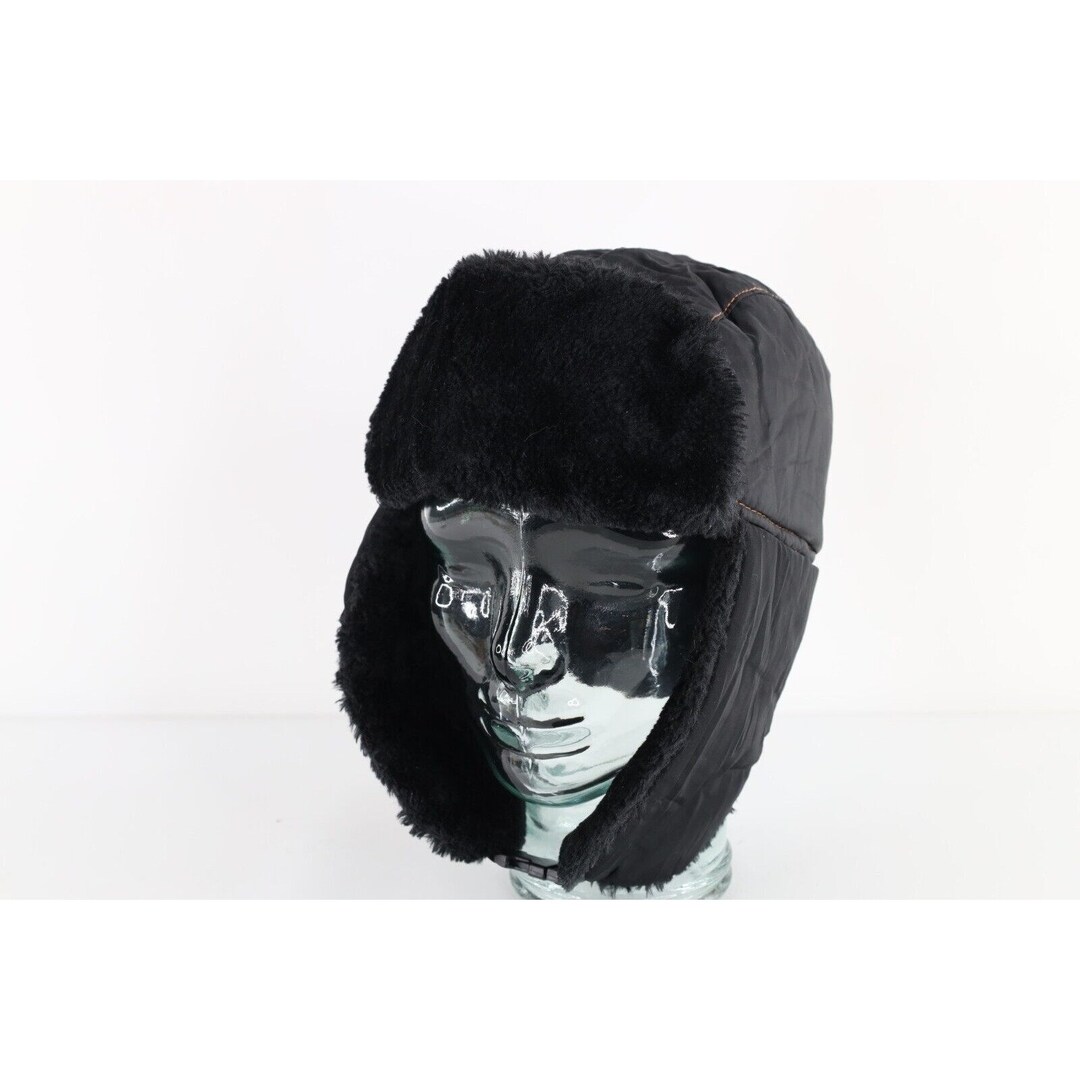 90s Streetwear Faded Fleece Lined Winter Trapper Aviator Hat Cap Black ...
