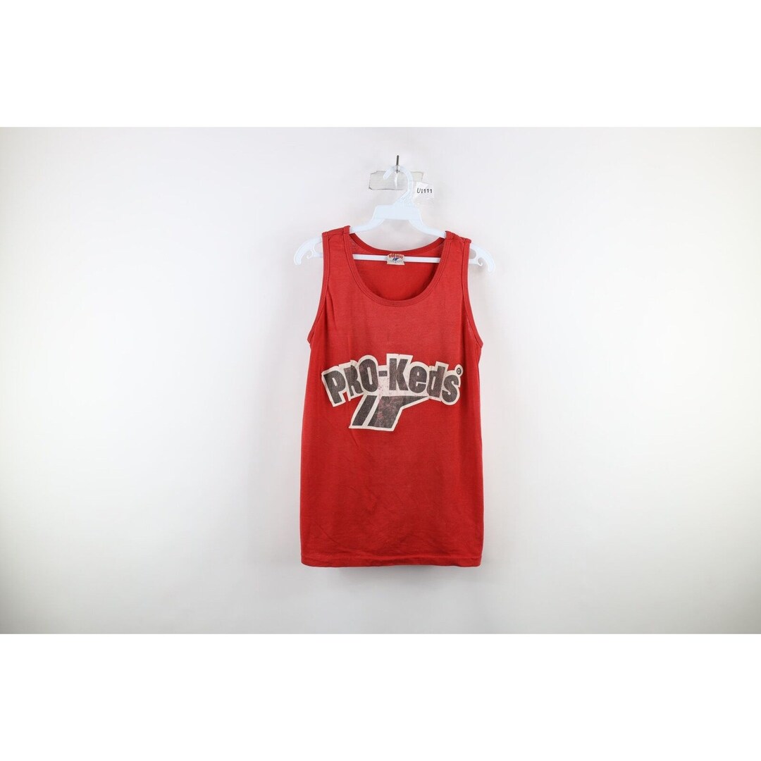 80s Pro Keds Mens Large Thrashed Spell Out Tank Top T-shirt Red USA ...