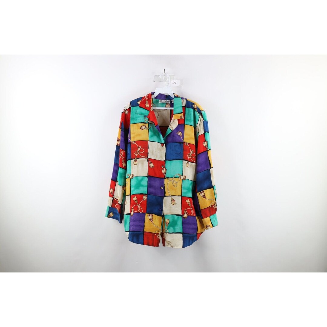 90s Streetwear Womens Large Rainbow Checkered Tassel Collared Button ...