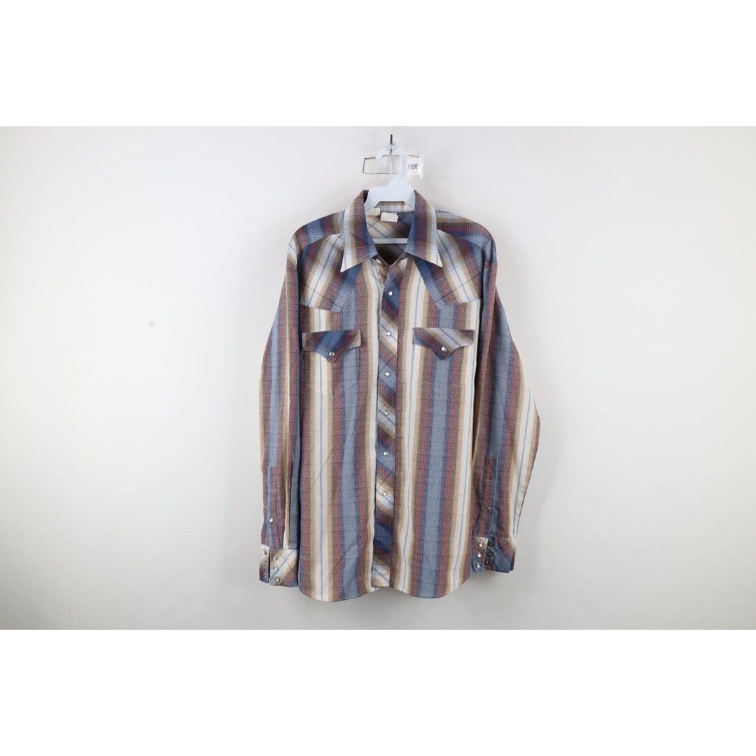 70s Streetwear Mens Large Rainbow Striped Western Snap Button Shirt ...