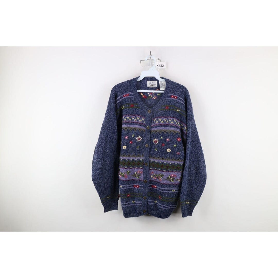 90s Country Primitive Womens Large Fair Isle Embroidered Flower ...